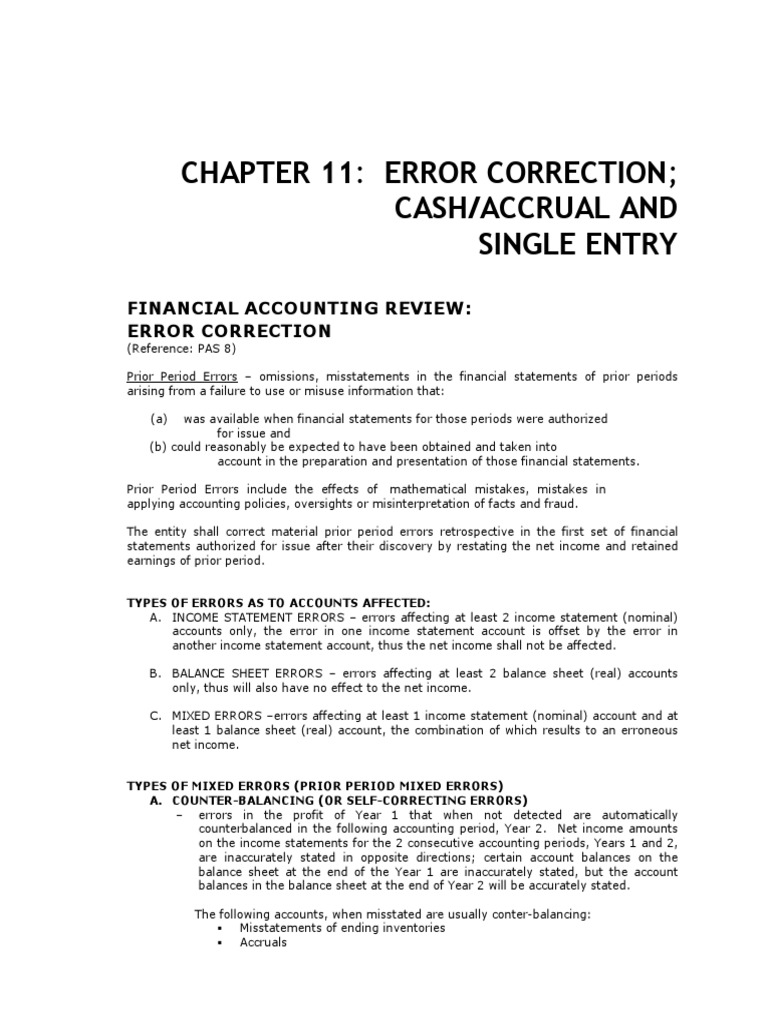 Chapter 11: Error Correction Cash/Accrual and Single Entry | PDF ...