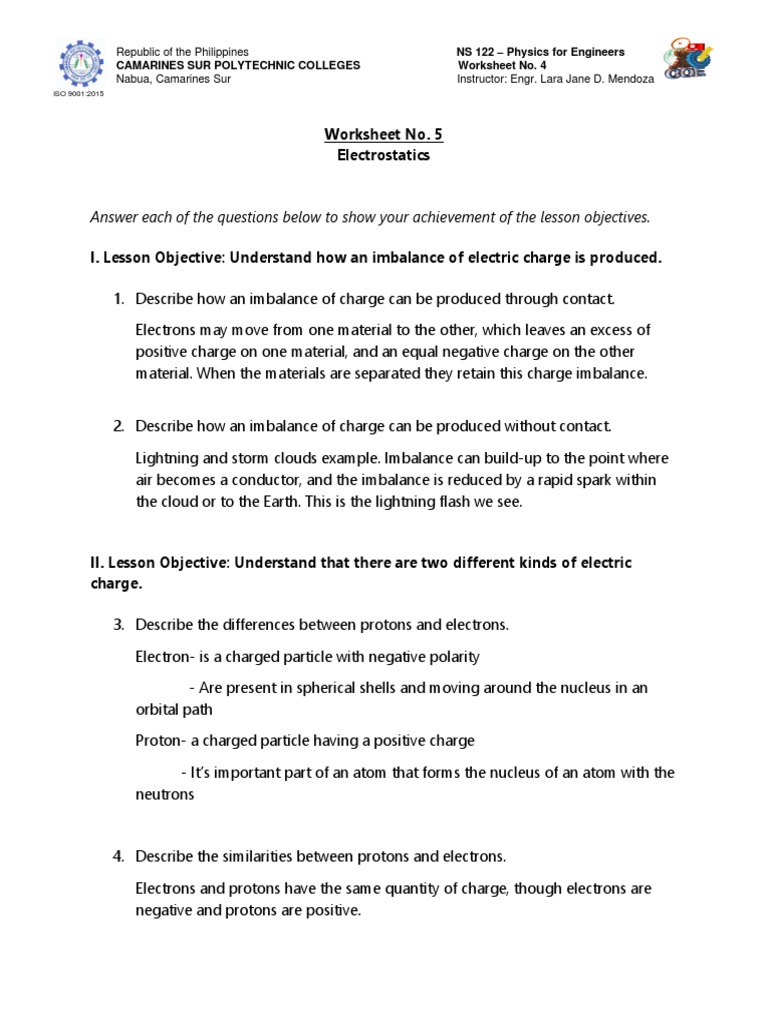 Worksheet No. 5 Electrostatics: Answer Each of The Questions Below To ...
