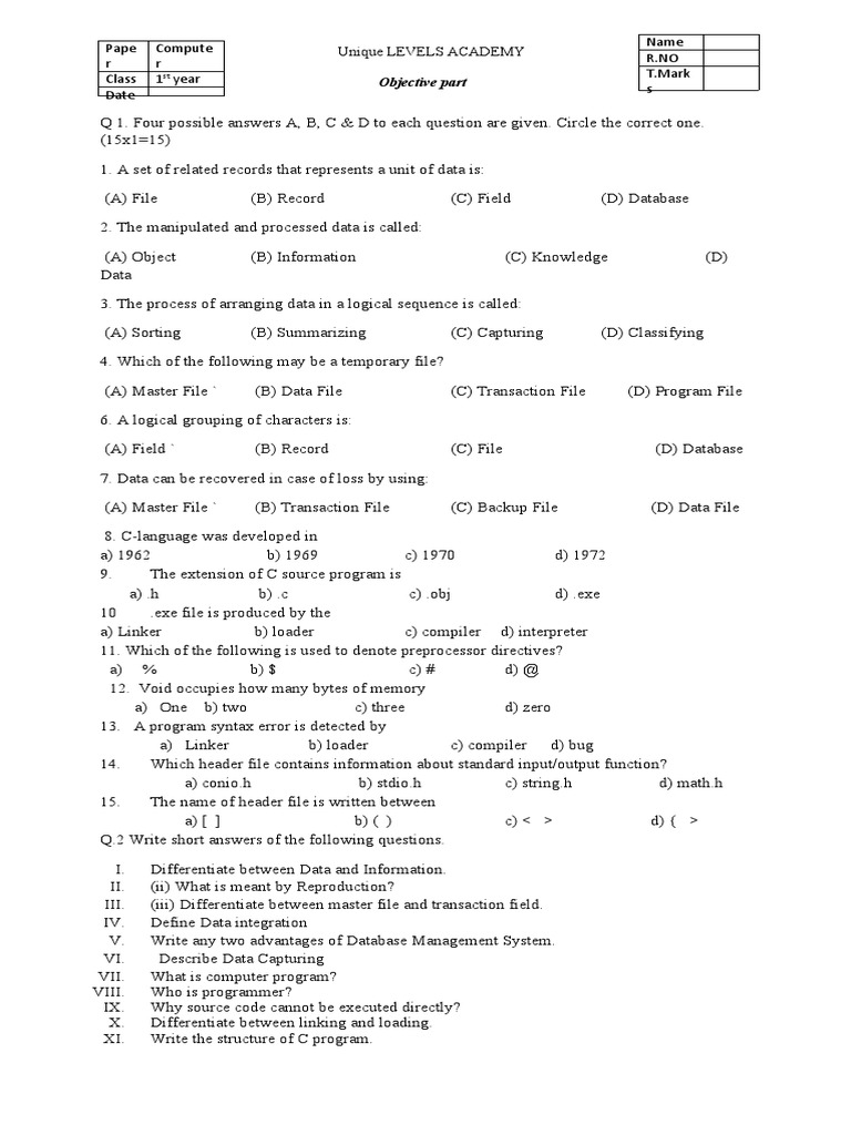 2nd Year Computer Test CHP #1, 8 | PDF | Computer Program | Programming