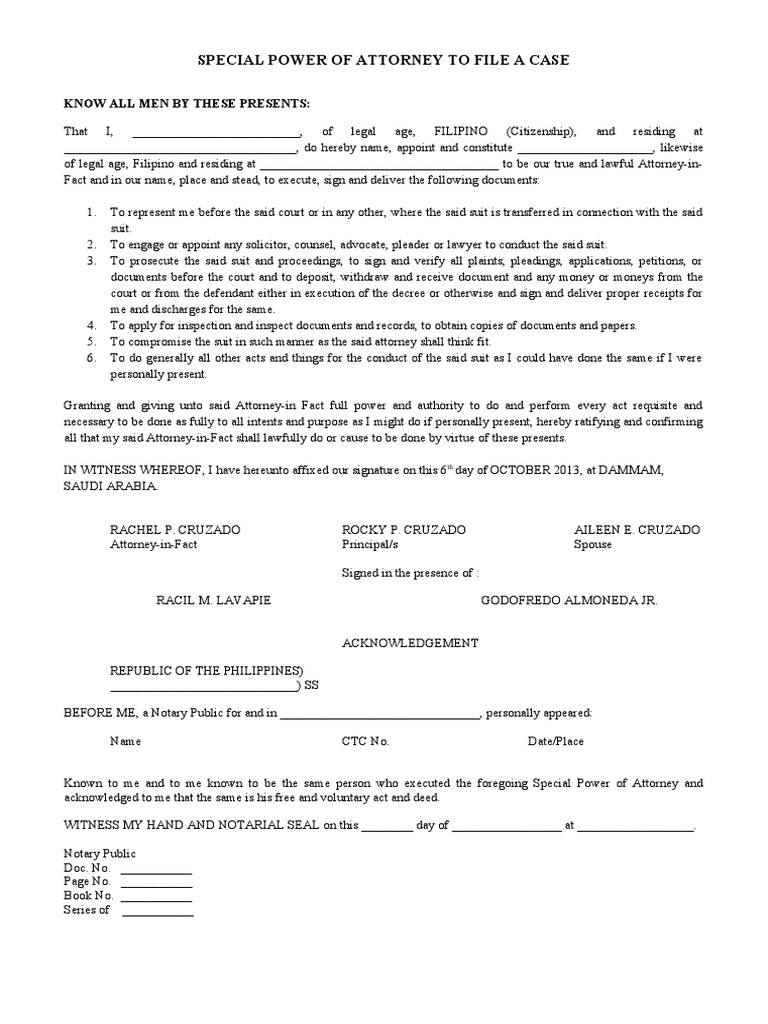 Spa To File A Case | PDF | Power Of Attorney | Lawsuit