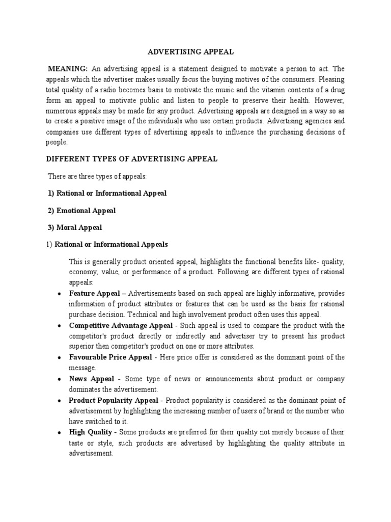 Different Types of Advertising Appeal | PDF | Advertising | Brand