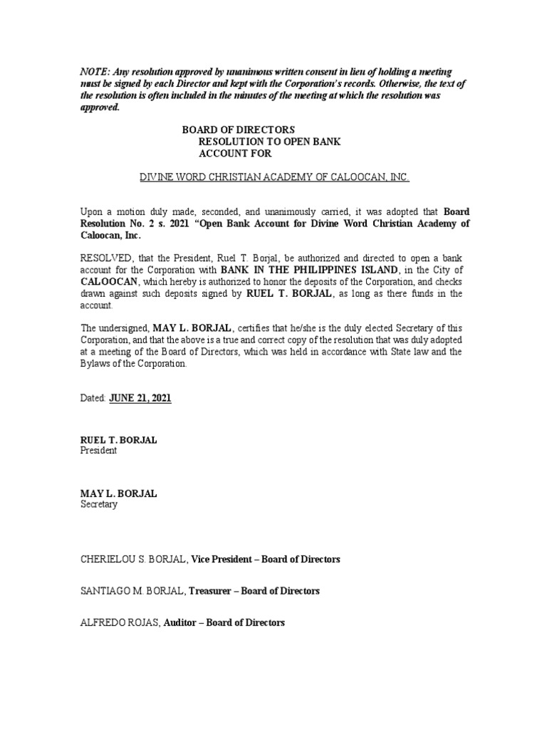 5 14 Resolution To Open Bank Account | PDF | Board Of Directors ...