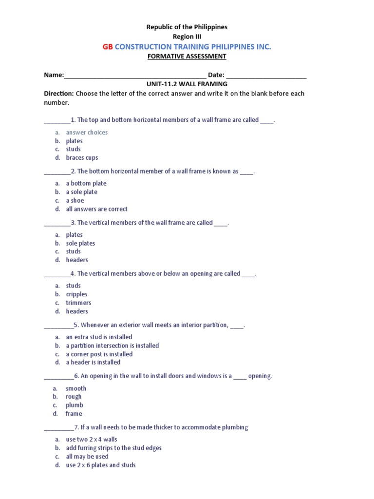 Wall Framing Assessment Quiz | PDF | Framing (Construction ...