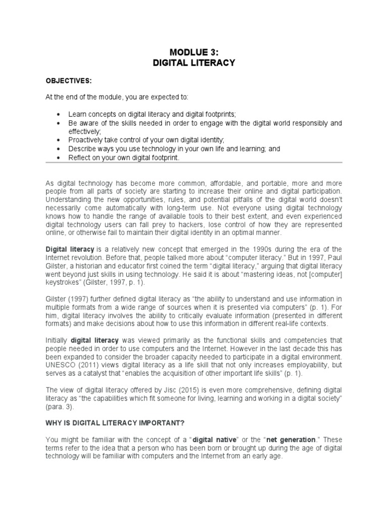 Modlue 3: Digital Literacy: Objectives | PDF | Literacy | Human Nature