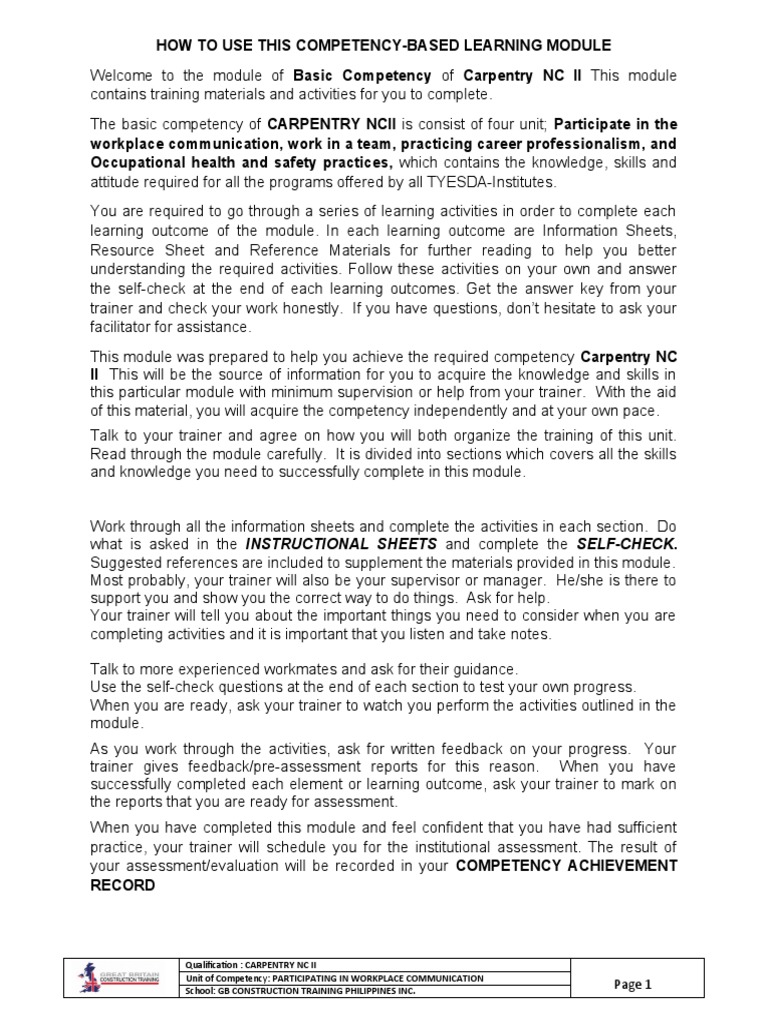 Qualification: CARPENTRY NC II Unit of Competency: Participating in ...