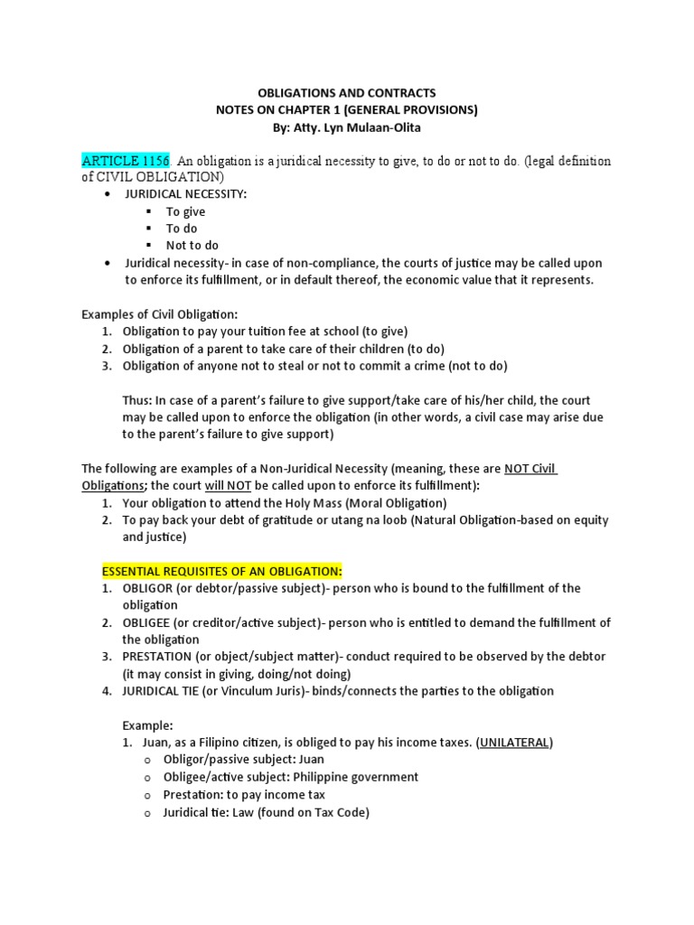OBLIGATIONS and CONTRACTS Notes On General Provisions | PDF | Law Of ...