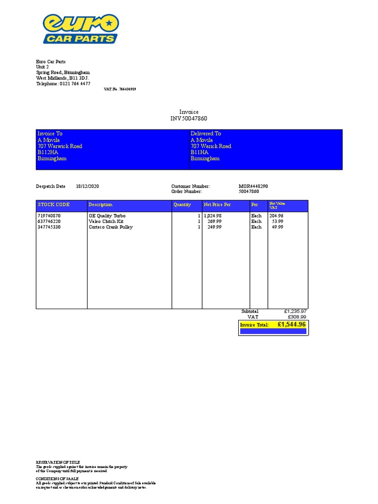 Euro Car Parts Invoice | PDF | Invoice | Value Added Tax