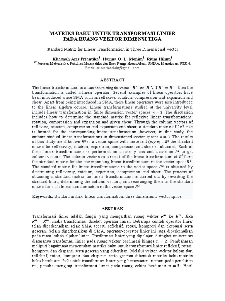 Matriks Baku Untuk Transformasi Linier Pada Ruang Vektor Dimensi Tiga ...