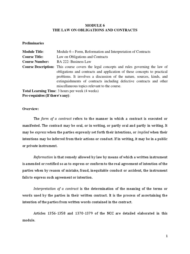 Module 6 ObliCon Form Reformation and Interpretation of Contracts | PDF | Property | Common Law