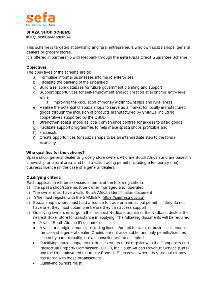 Sefa Brochure SPAZA SHOP SCHEME 2021 | PDF | Retail | Regulatory Compliance