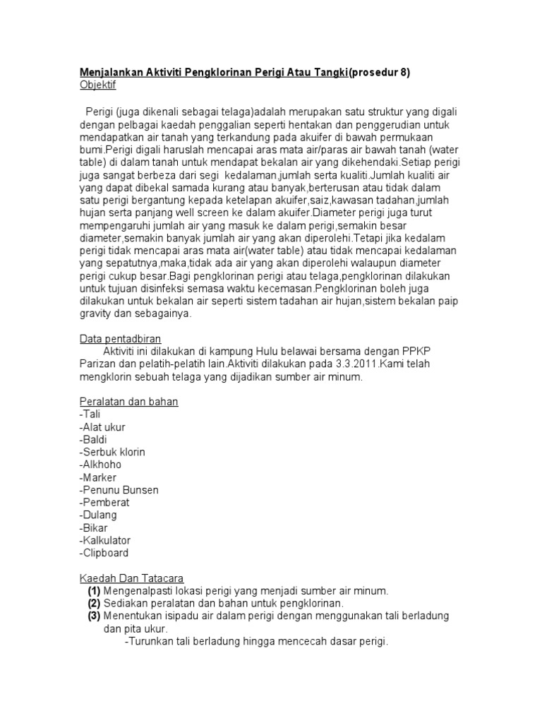 Menjalankan Aktiviti Pengklorinan Perigi Atau Tangki | PDF
