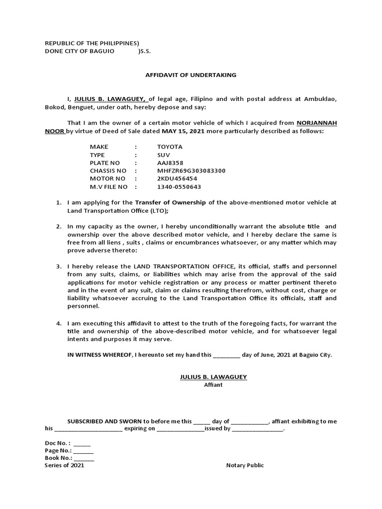 Affidavit of Undertaking: IN WITNESS WHEREOF, I Hereunto Set My Hand ...