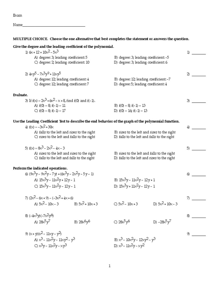 Midterm 11 | PDF | Polynomial | Multiple Choice
