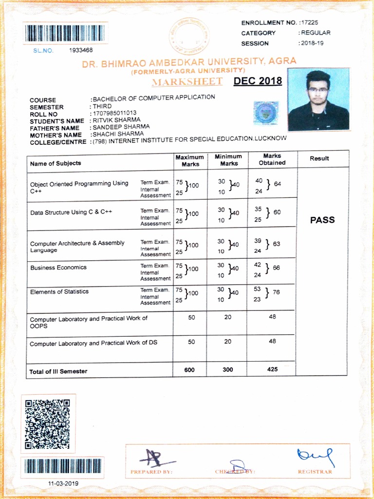 DT20196008484 UG Marksheet 3 | PDF | Educational Assessment And ...