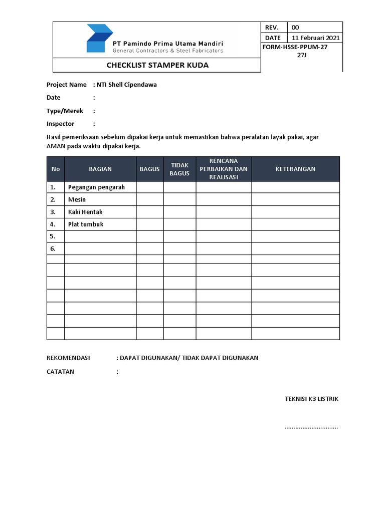 FORM-HSSE-PPUM-027J Checklist Stamper Kuda Form | PDF | Teknologi ...