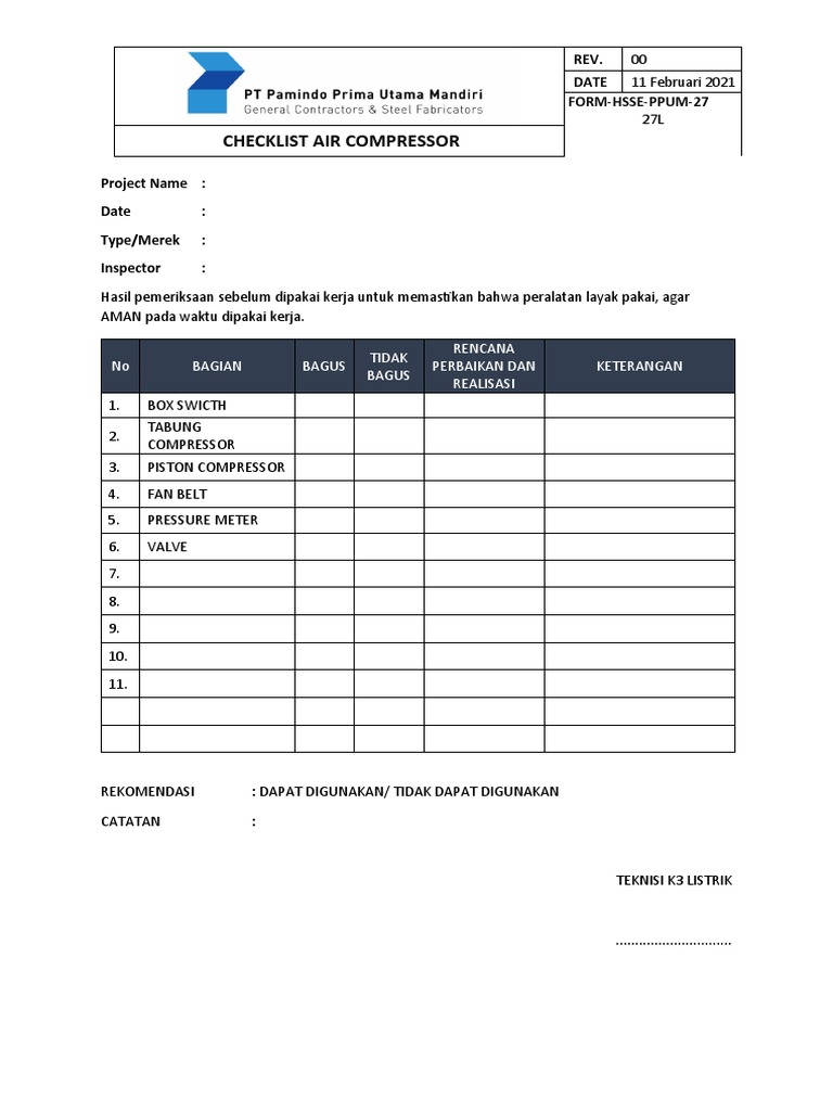 FORM-HSSE-PPUM-027L Checklist Compressor Form | PDF