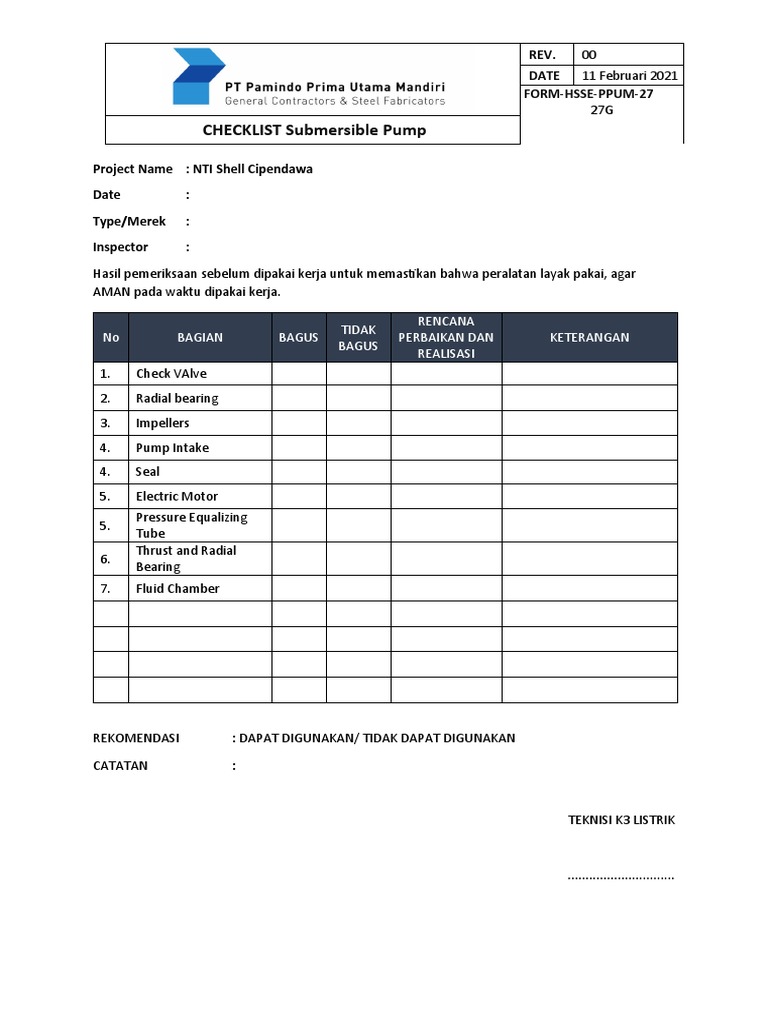 FORM-HSSE-PPUM-027G Checklist Submersible Pump Form | PDF