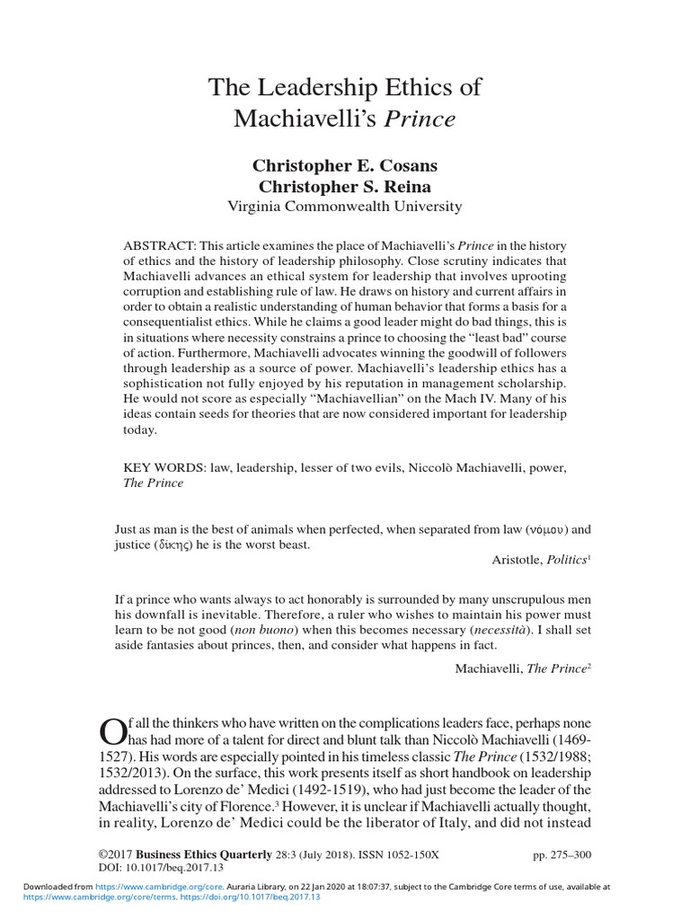 Leadership Ethics of Machiavellis Prince | PDF | Niccolò Machiavelli ...