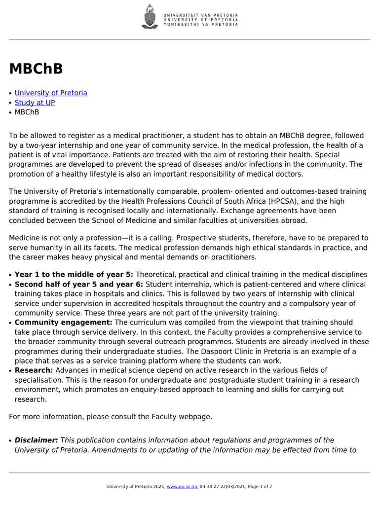 MBCHB: University of Pretoria Study at UP | PDF | University And ...