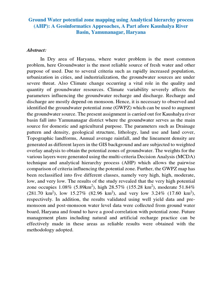 Ground Water Potential Zone Mapping Using Analytical Hierarchy Process Pdf Groundwater