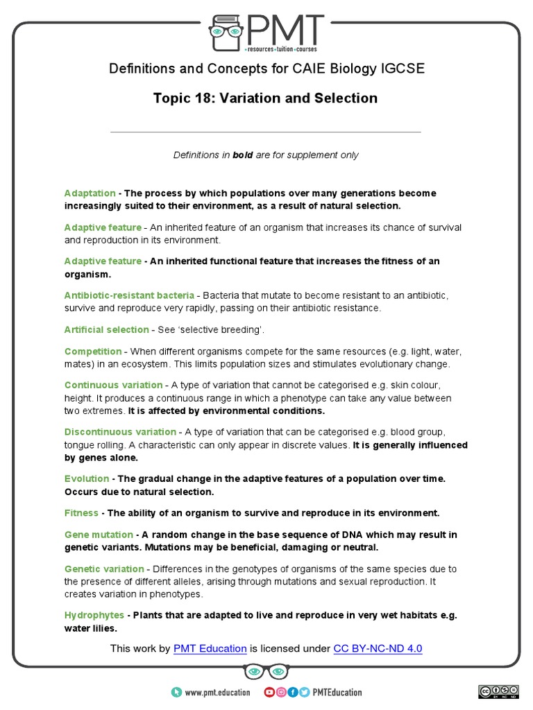 Definitions - Topic 18 Variation and Selection - CAIE Biology IGCSE ...