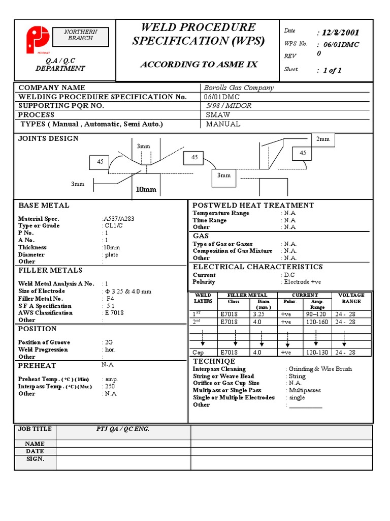 Weld Procedure Specification (WPS) : According To Asme Ix | PDF | Welding | Construction