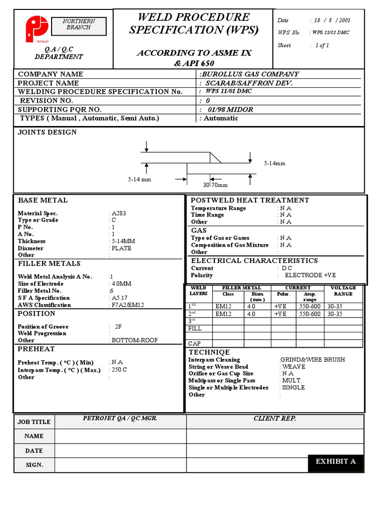 Weld Procedure Specification (WPS) : According To Asme Ix & | PDF ...