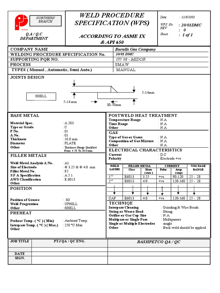 Weld Procedure Specification (WPS) : According To Asme Ix & | PDF ...