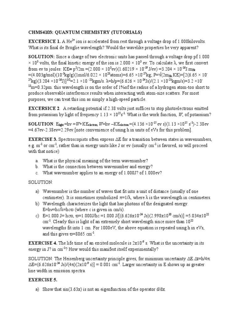Tutorial Set 1 | PDF | Wavenumber | Electronvolt