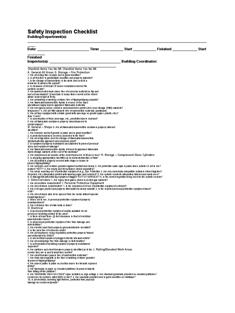 Safety Inspection Checklist | PDF | Safety | Equipment