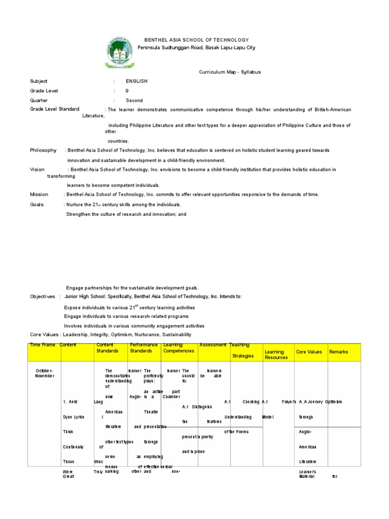 Grade 9 English Syllabus 2nd Quarter | Download Free PDF | English ...
