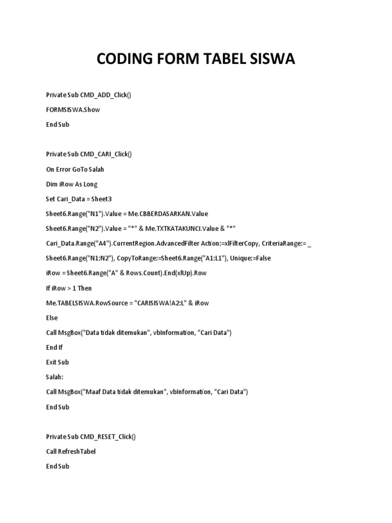 Coding Form Tabel Siswa | PDF