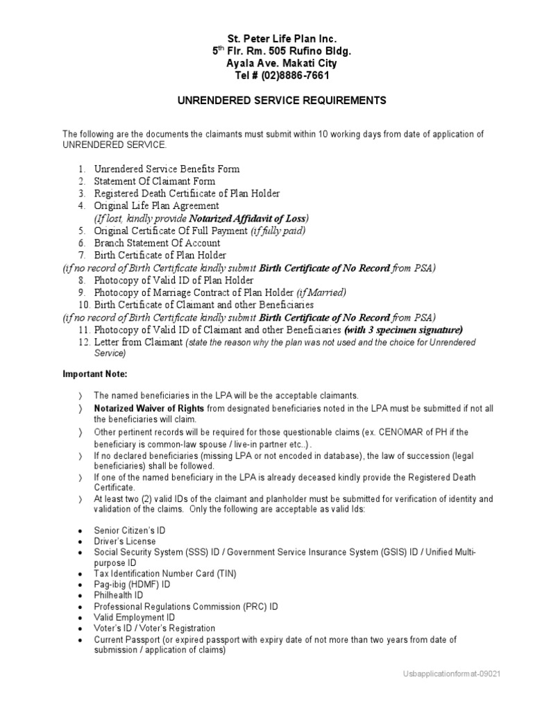 St. Peter Life Plan Unrendered Service Requirements | PDF | Identity ...