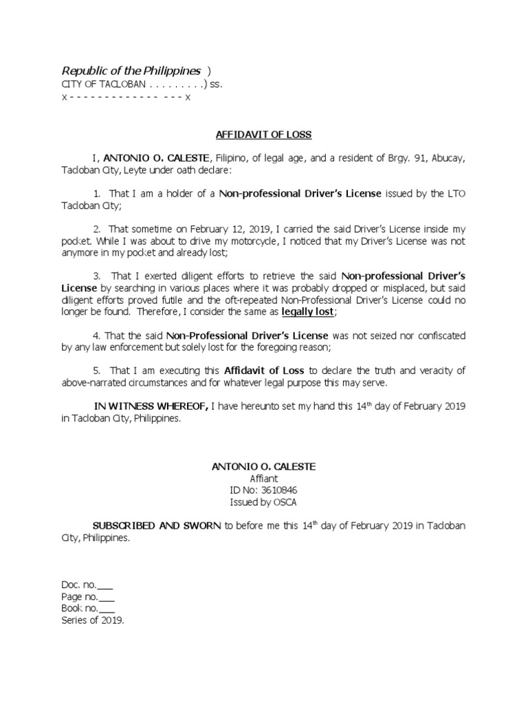Affidavit of Loss (Lost Drivers License) | PDF