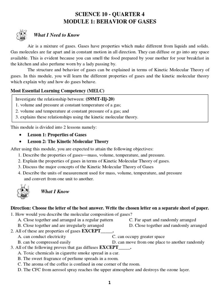 SCIENCE-10 Q4 MOD1 Behavior-of-Gases Booklet | PDF | Gases | Temperature