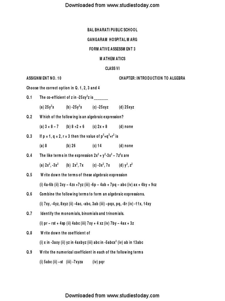 CBSE Class 6 Mathematics Algebra Worksheet Set B | PDF | Equations ...