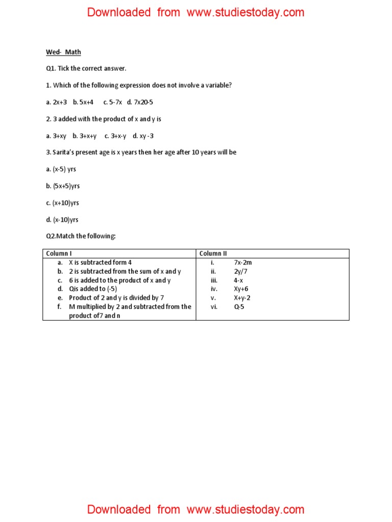CBSE Class 6 Mathematics Algebra Worksheet Set F | PDF