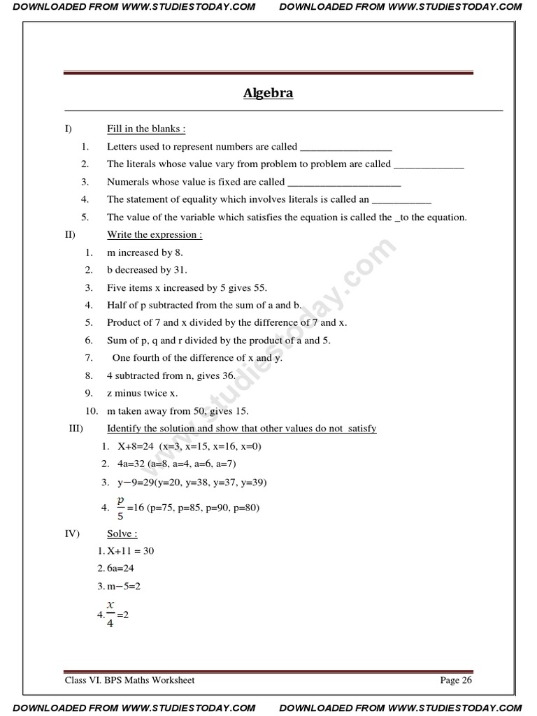 Class 6 Algebra Worksheet with Answers | PDF | Equations | Algebra
