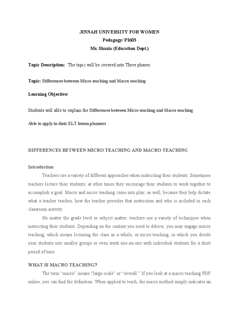 Micro vs Macro Teaching Explained | PDF | Teachers | Lesson Plan