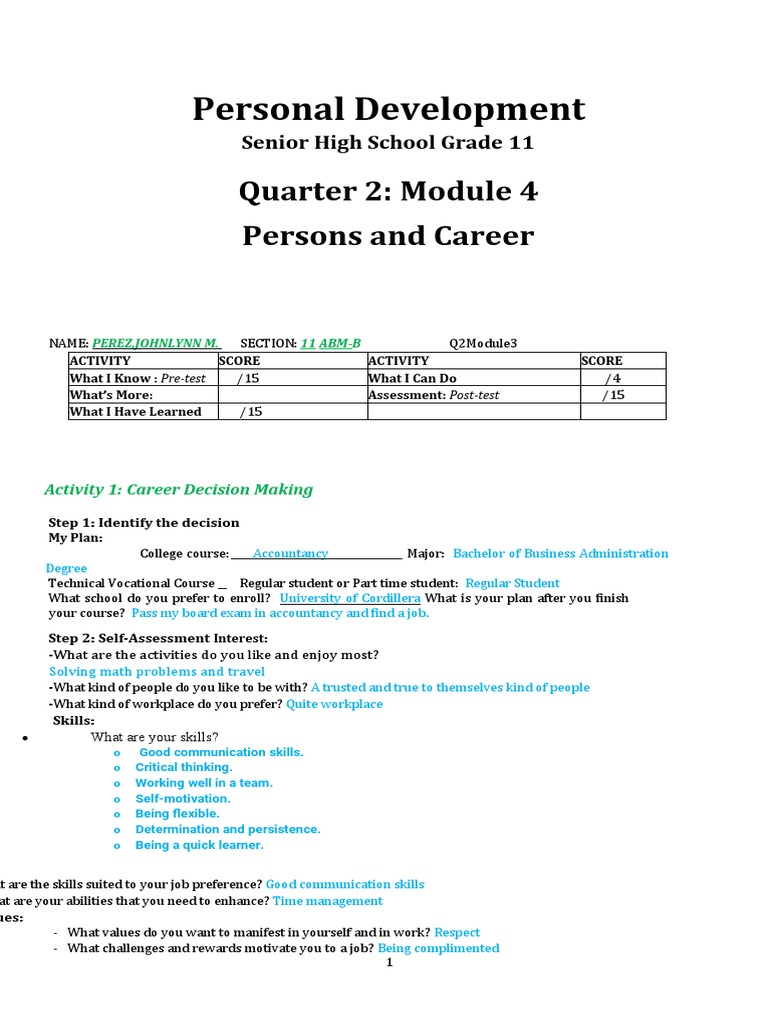 Personal Development: Quarter 2: Module 4 Persons and Career | PDF ...