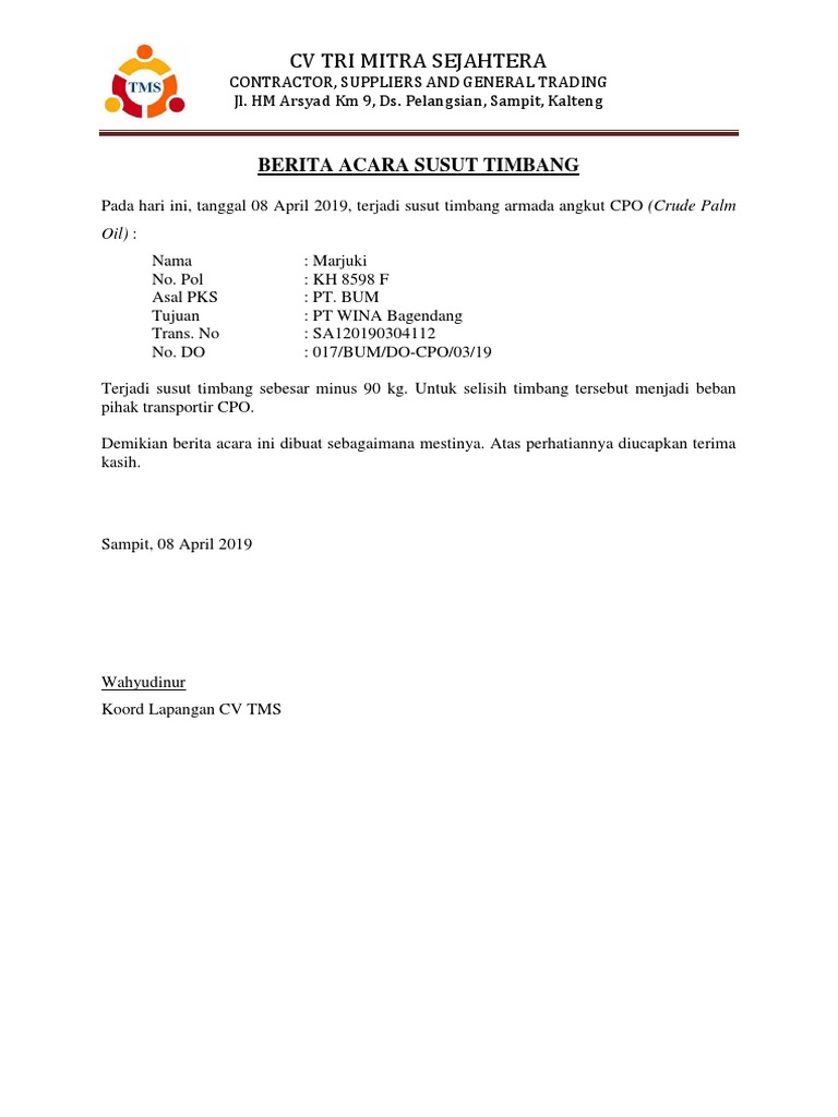 Berita Acara Selisih Timbang CPO dan PK | PDF