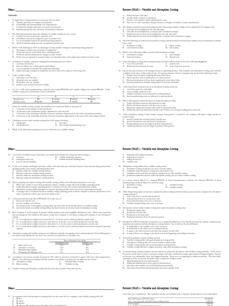 Review MAS - Variable & Absorption Costing | PDF | Cost Of Goods Sold | Inventory
