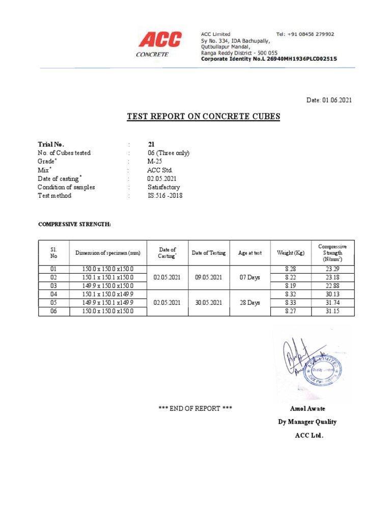 Test Report On Concrete Cubes: Compressive Strength | PDF