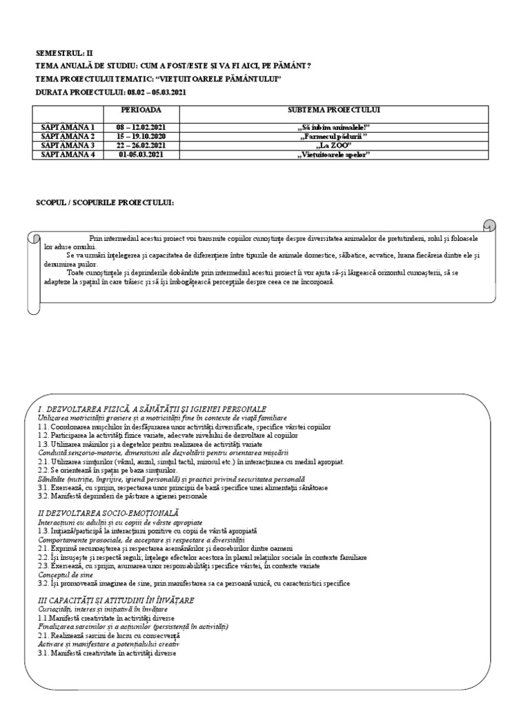 Proiect Tematic "Viețuitoarele Pământului" | PDF