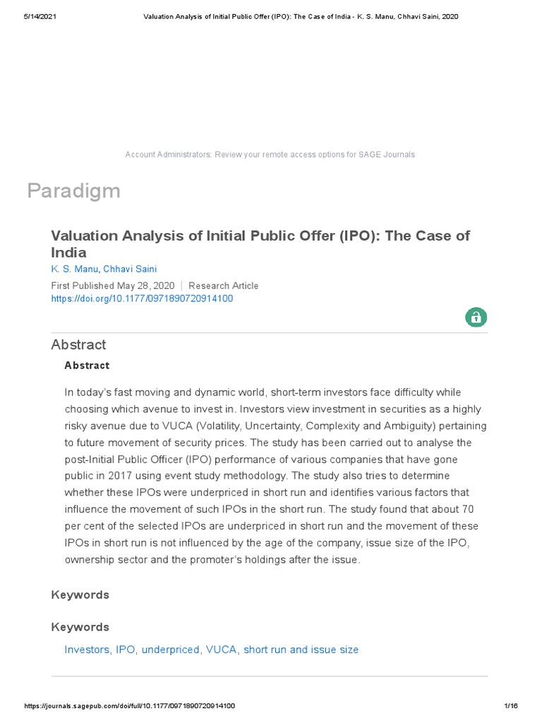 Valuation Analysis of Initial Public Offer (IPO) - The Case of India - K. S. Manu, Chhavi Saini ...