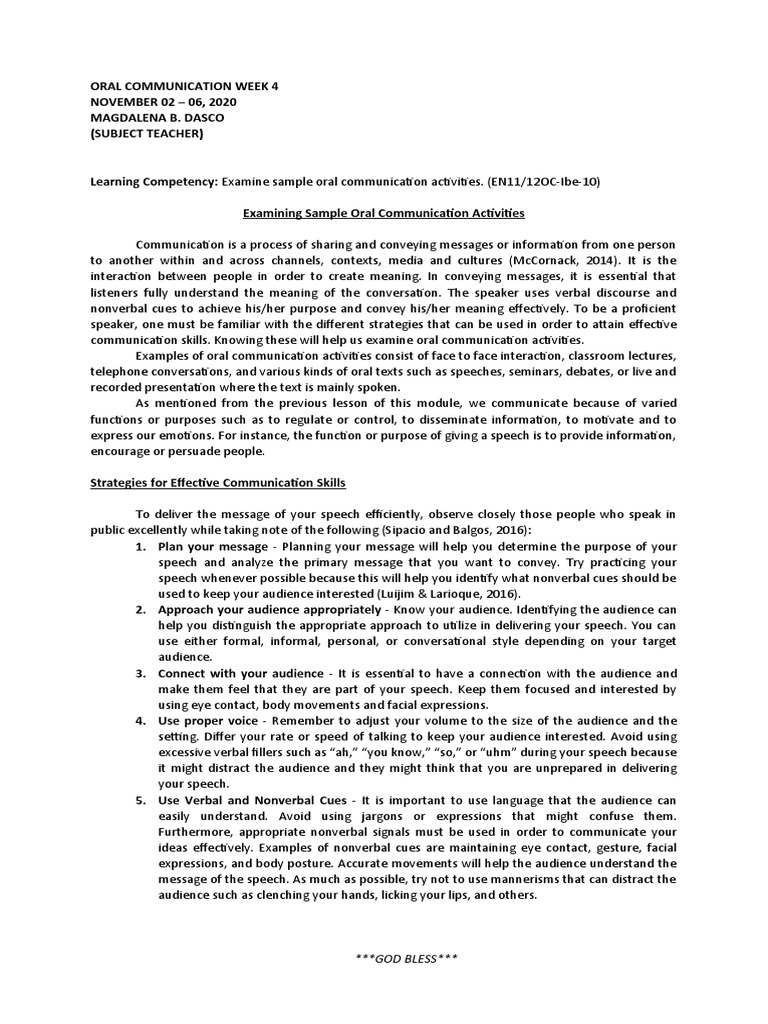 Oral Communication Week 4 | PDF | Nonverbal Communication | Speech