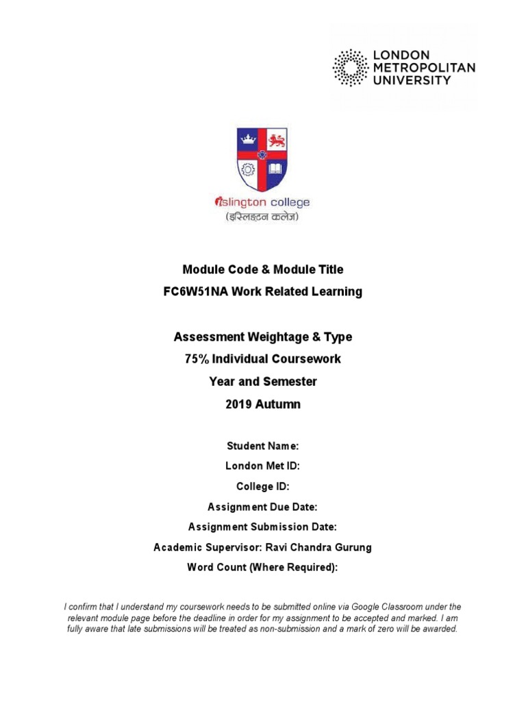 WRL Coursework Cover Page (ICK London Met) | PDF