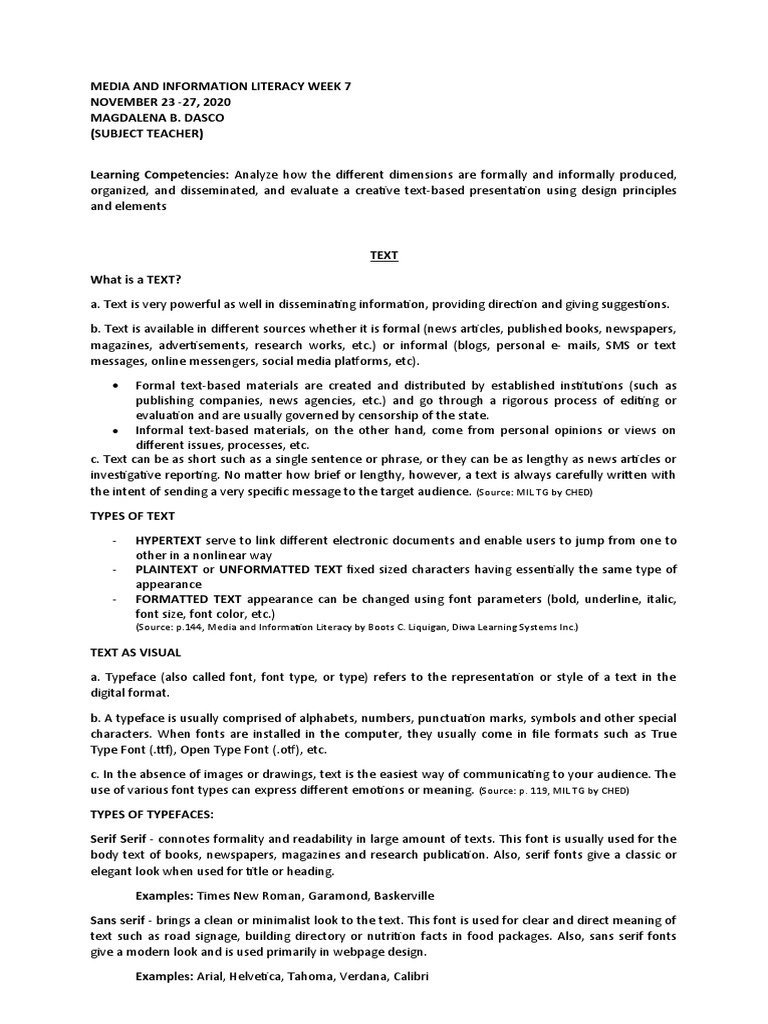 Source: MIL TG by CHED | PDF | Typefaces | Serif