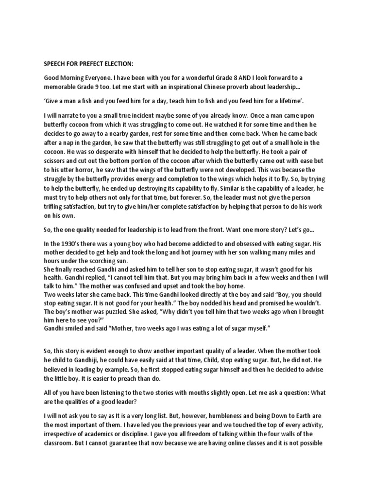 Speech For Prefect Election | PDF | Self-Improvement