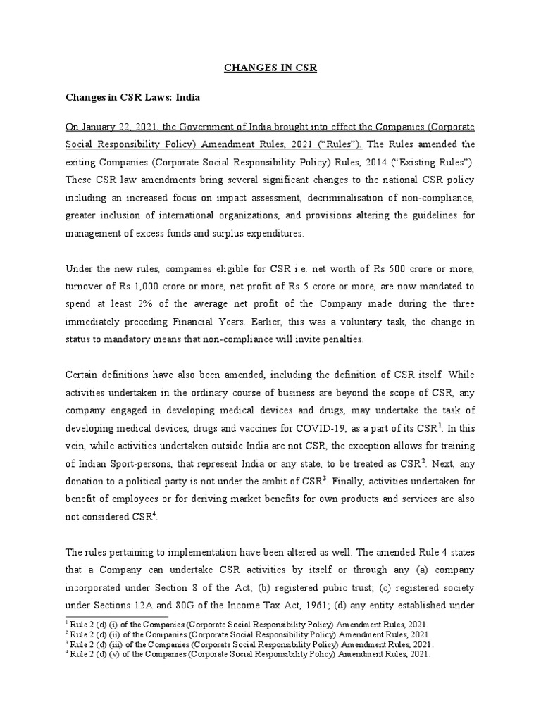 Changes in CSR Changes in CSR Laws: India | Download Free PDF ...